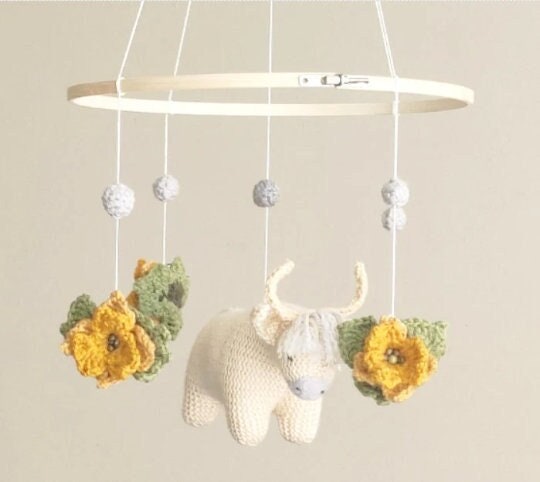 Flowers and Long Horn Highland Cow Baby Mobile Cattle Nursery Mobile ...