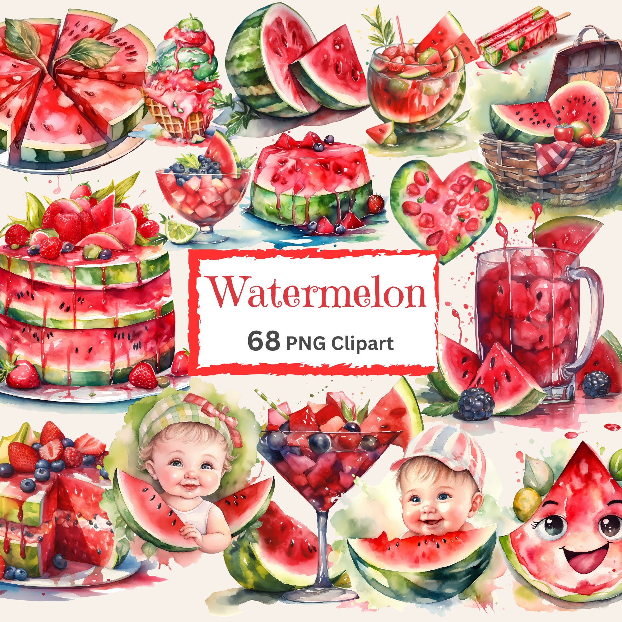 Watermelon Watercolor PNG Clipart Bundle Summer Watermelon Art - Etsy