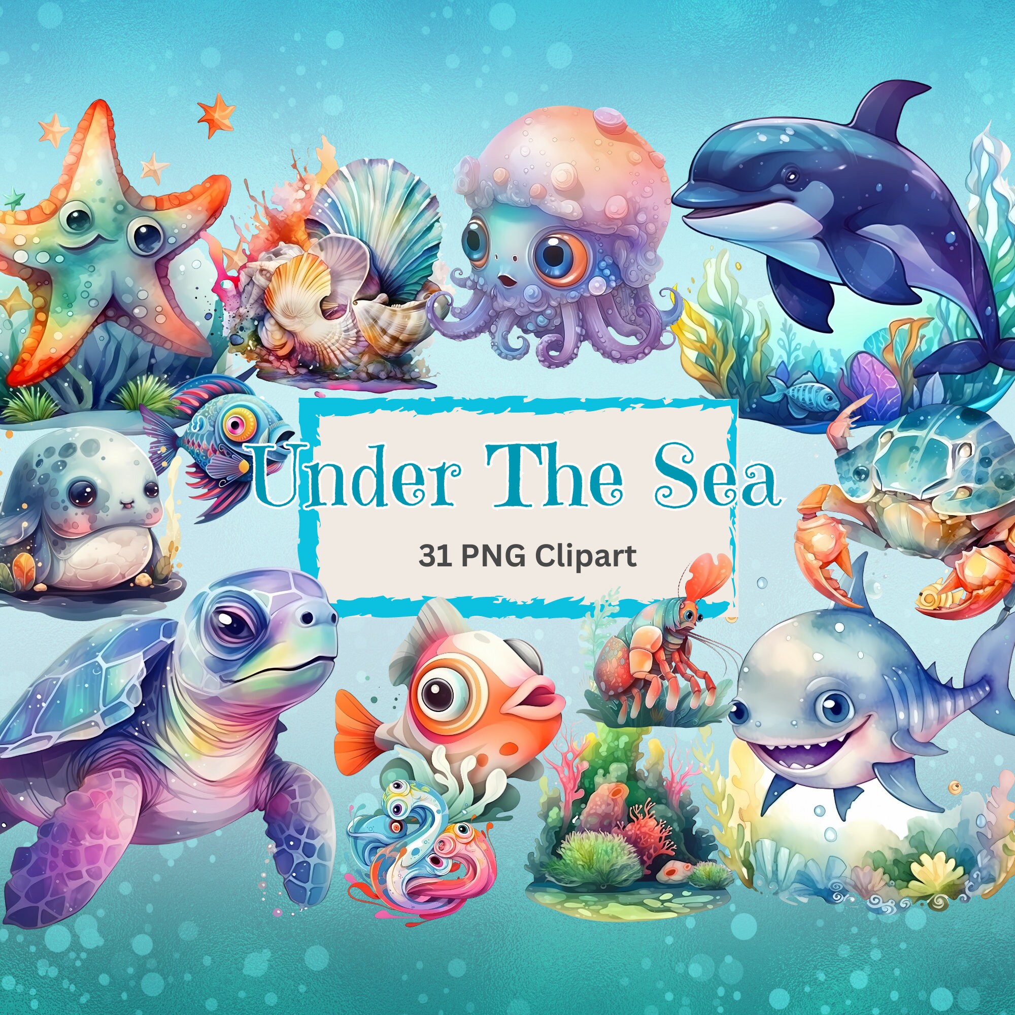 Sea Ocean Animals Clipart PNG Underwater Sealife Nursery Wall Art Ocean ...