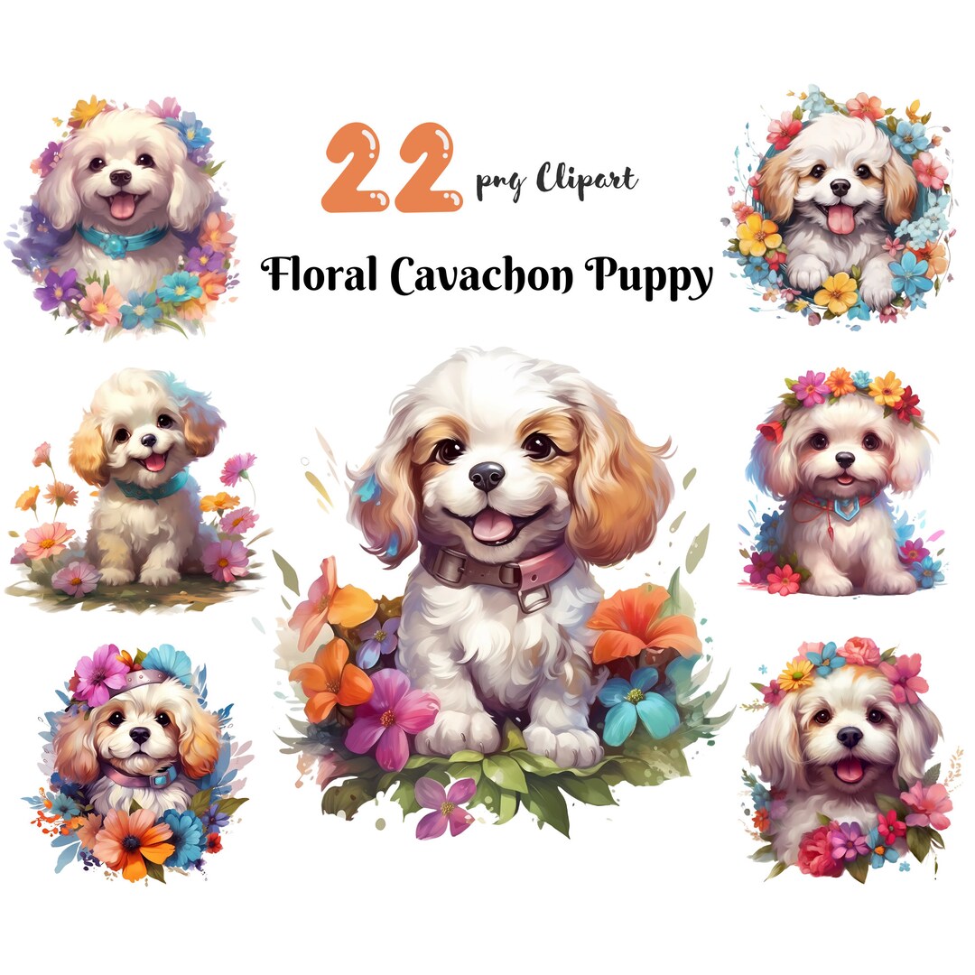 Floral Cavachon Puppy PNG Clipart Cute Dog Digital Illustration Junk ...
