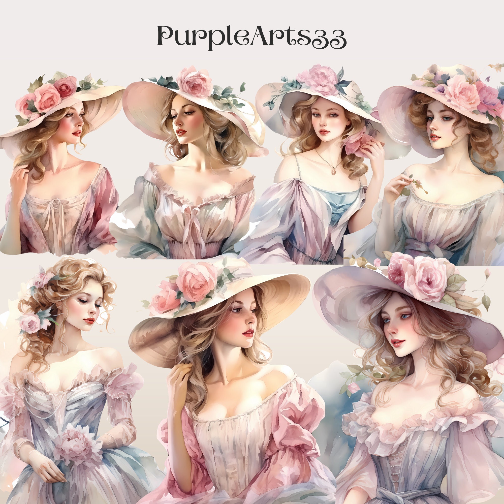 Renaissance Lady Watercolor Clipart Bundle PNG Vintage Girl Art Card ...