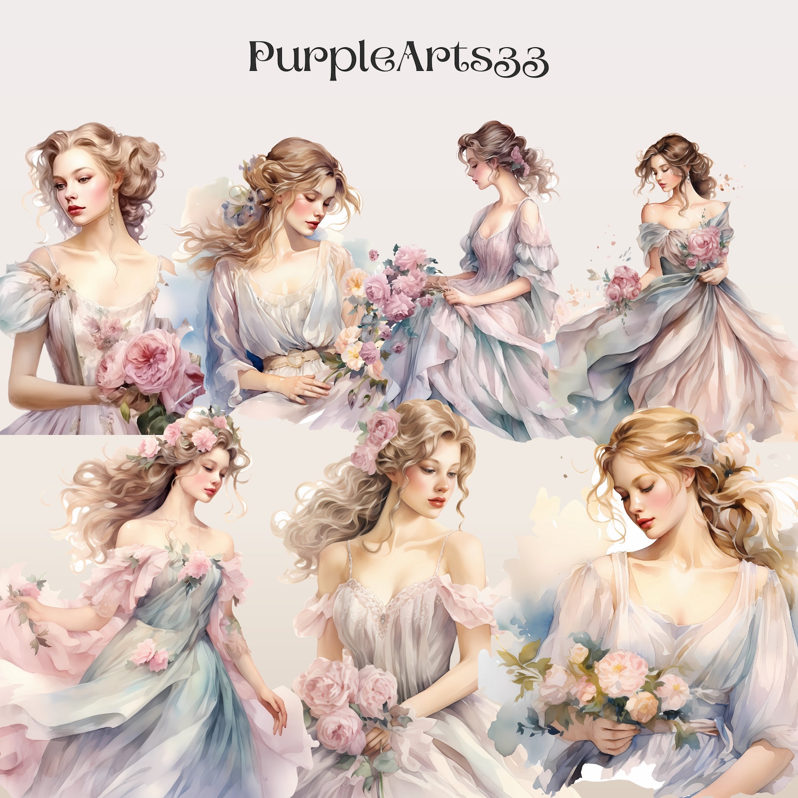 Renaissance Lady Watercolor Clipart Bundle PNG Vintage Girl Art Card ...
