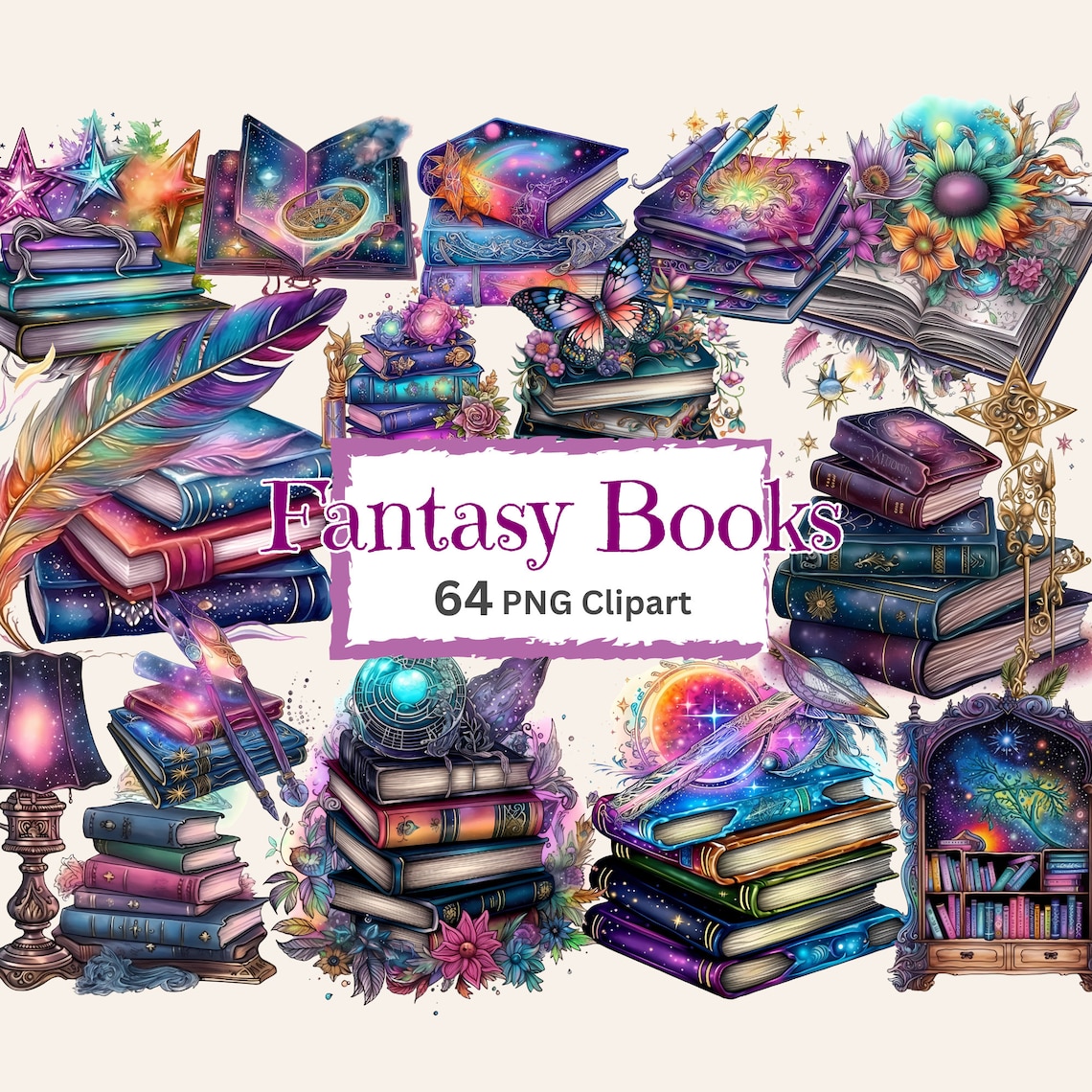 Fantasy Books Bundle PNG Watercolor Clipart Magic Galaxy Books - Etsy