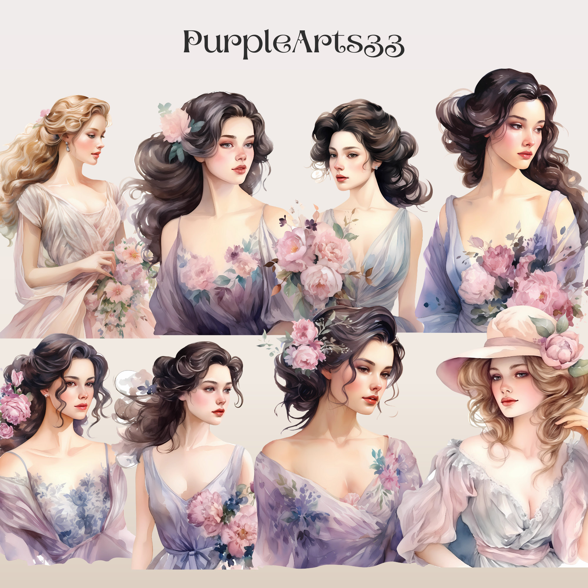 Renaissance Lady Watercolor Clipart Bundle PNG Vintage Girl Art Card ...