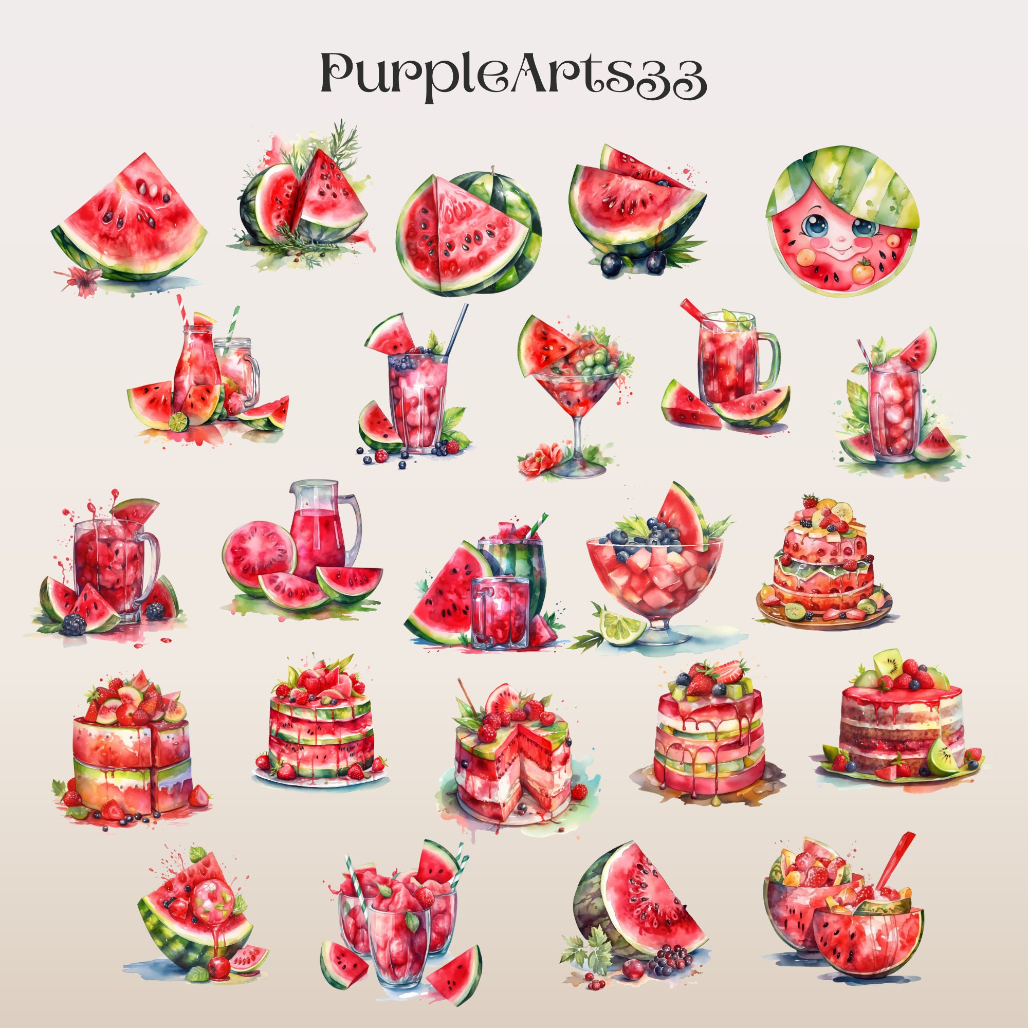 Watermelon Watercolor PNG Clipart Bundle Summer Watermelon Art - Etsy