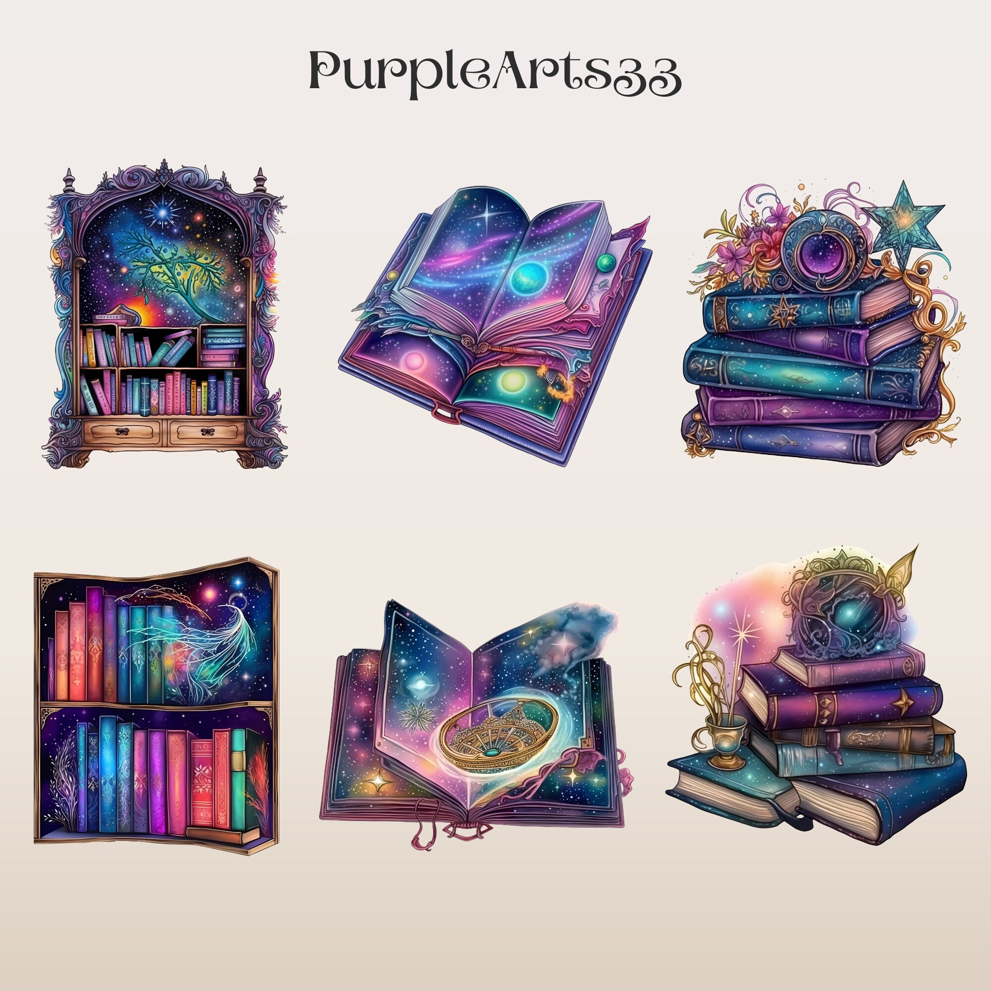 Fantasy Books Bundle PNG Watercolor Clipart Magic Galaxy Books Art Card ...