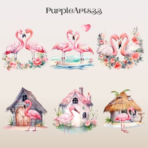 Flamingo PNG Clipart Bundle Tropical Birds With Floral Fruits ...