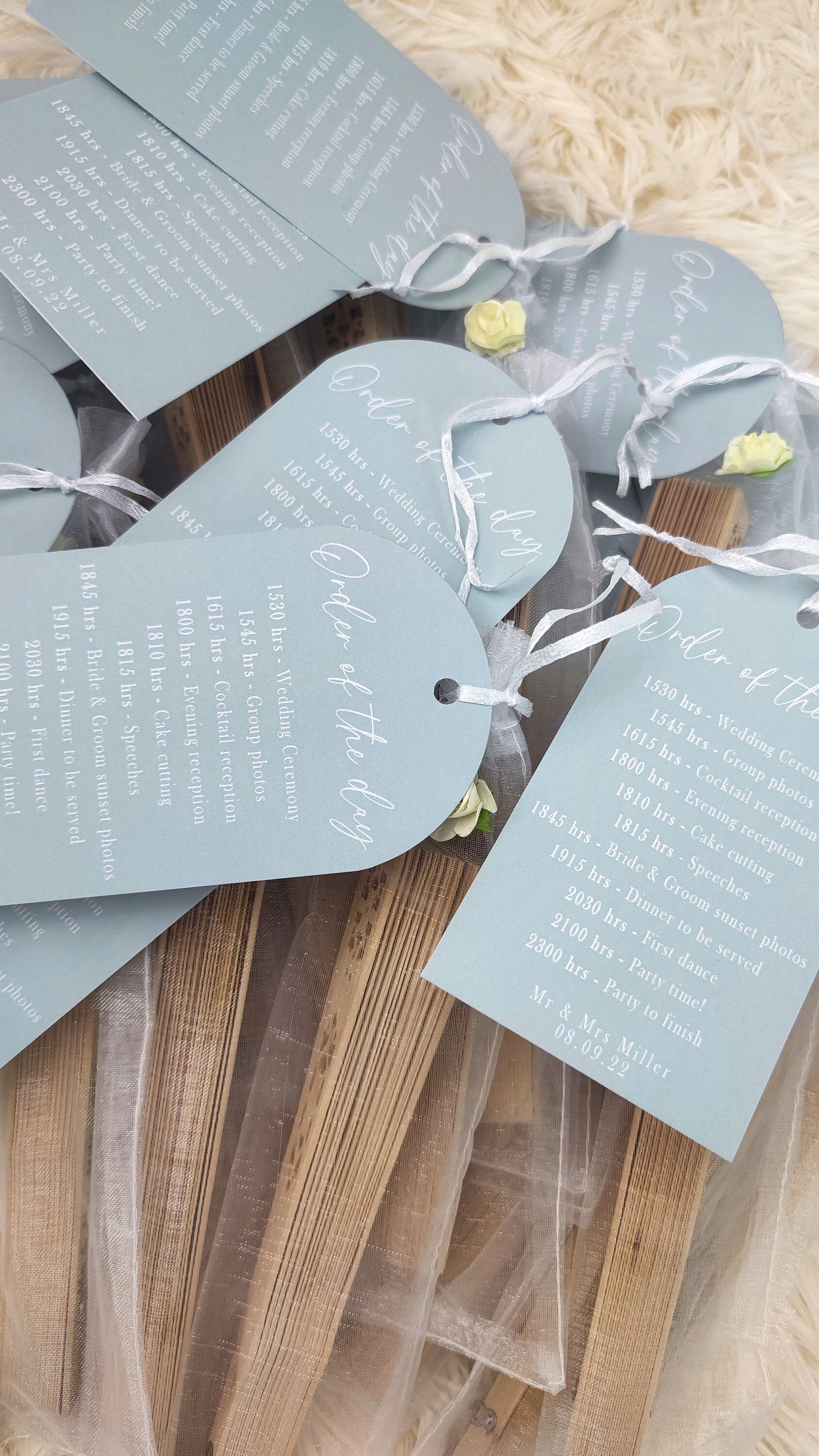 X10 Personalised Wedding Fans With Order of the Day Tags Minimalist ...