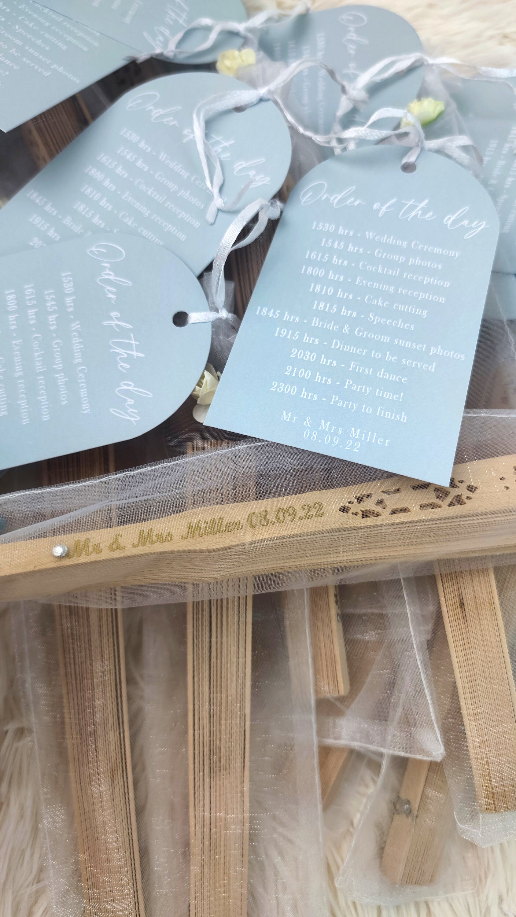 X10 Personalised Wedding Fans With Order of the Day Tags Minimalist ...