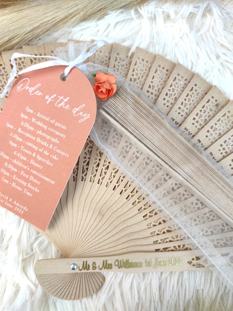 X10 Personalised Wedding Fans With Order of the Day Tags Minimalist ...