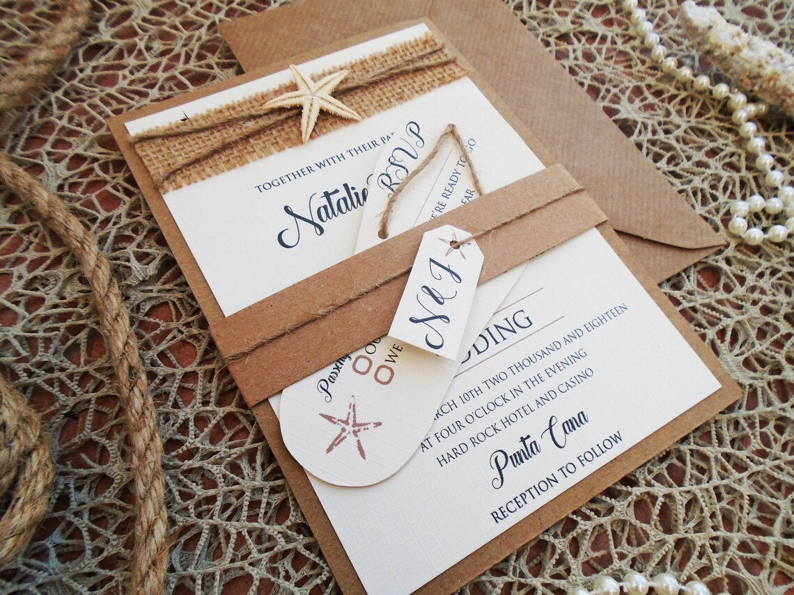 Starfish Hessian Wedding Invitation Flip Flop RSVP Wedding Invitation ...