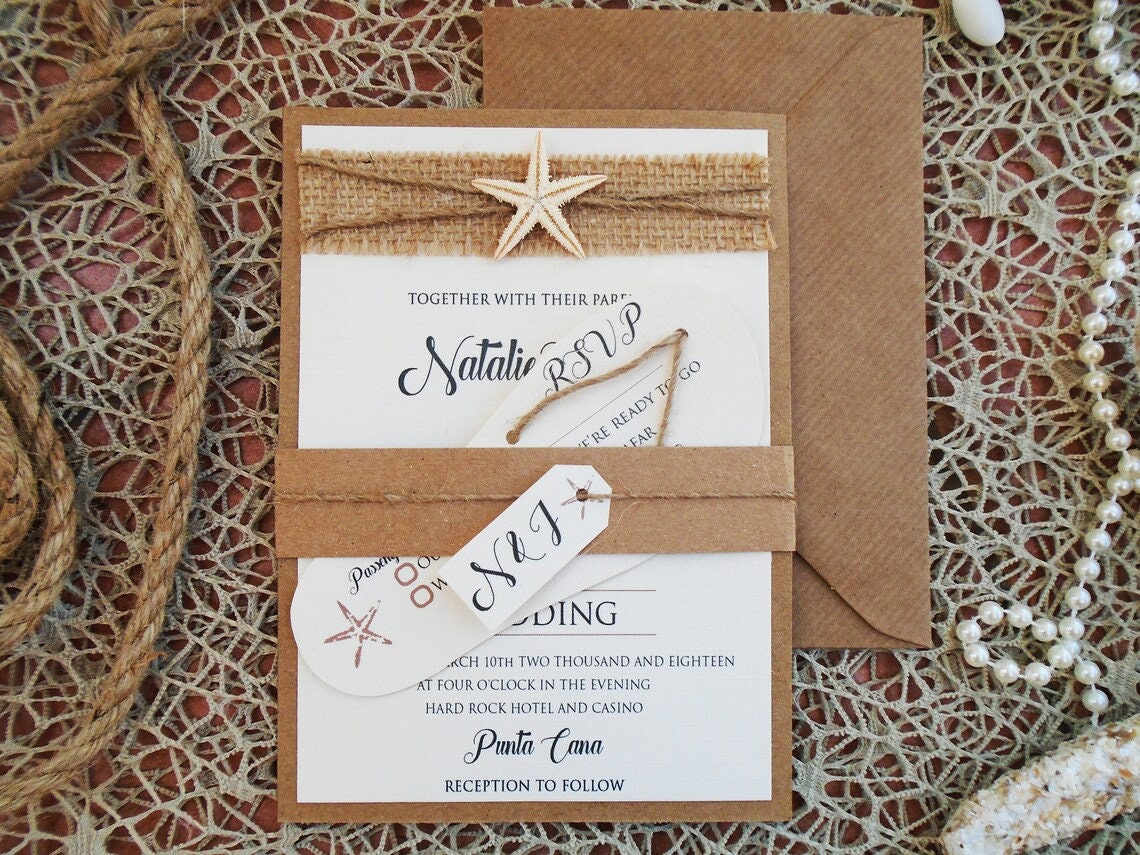 Starfish Hessian Wedding Invitation Flip Flop RSVP Wedding Invitation ...