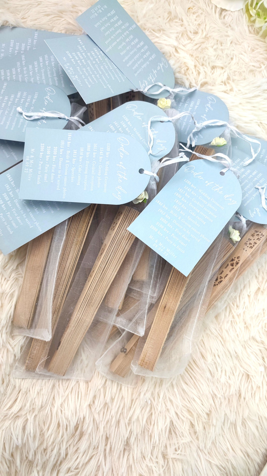 X10 Personalised Wedding Fans With Order of the Day Tags - Minimalist ...