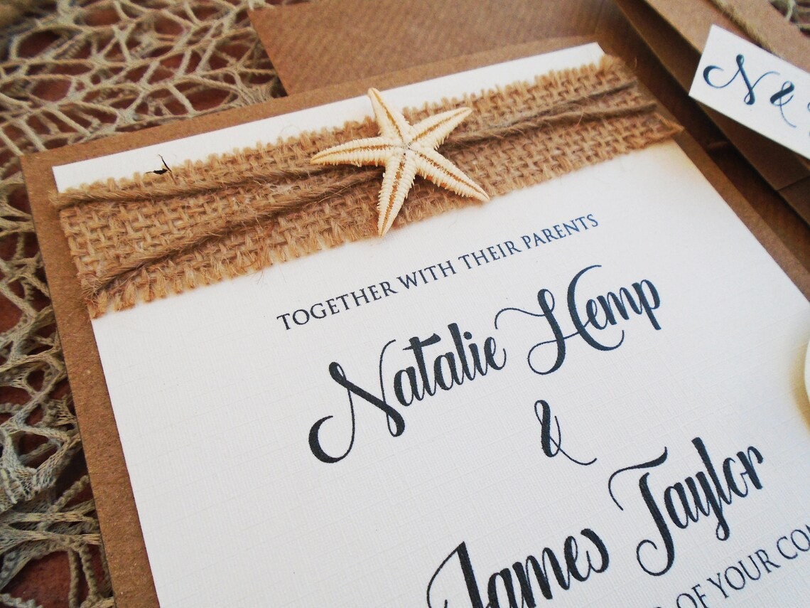 Starfish Hessian Wedding Invitation Flip Flop RSVP Wedding Invitation ...