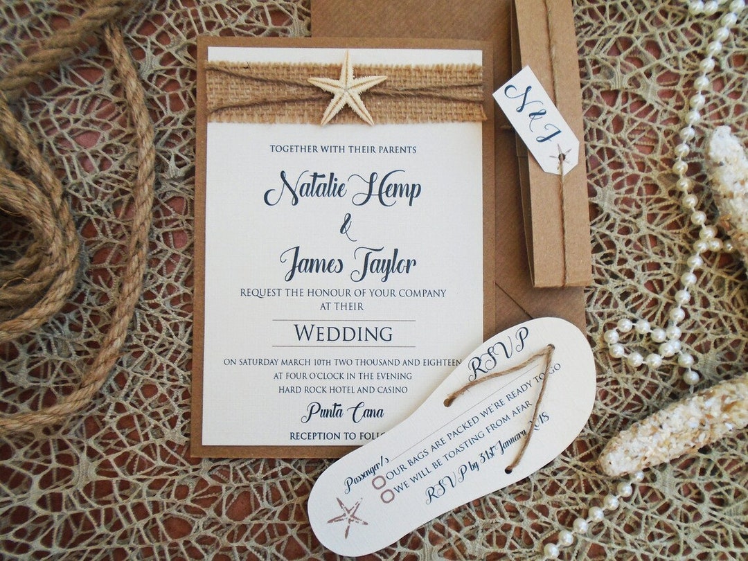 Starfish Hessian Wedding Invitation-- Flip Flop RSVP-- Wedding ...
