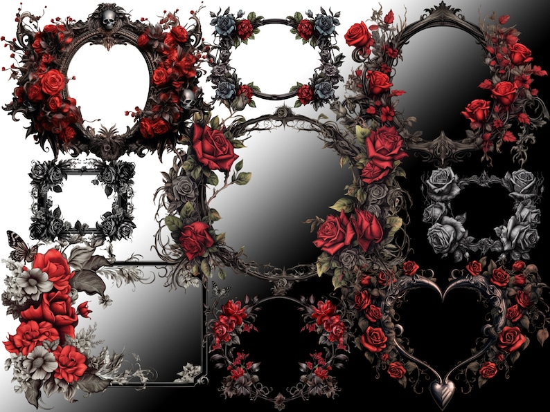 Dark Rose Frames Digital Bundle, Gothic Frame PNG Bundle, Edge Border ...