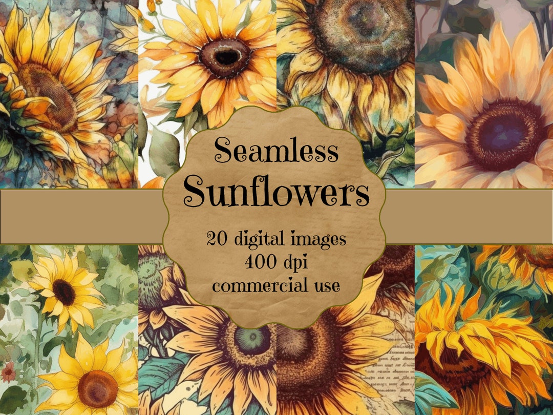 Vintage Painted Sunflower Digital Paper, Seamless Watercolor Floral ...