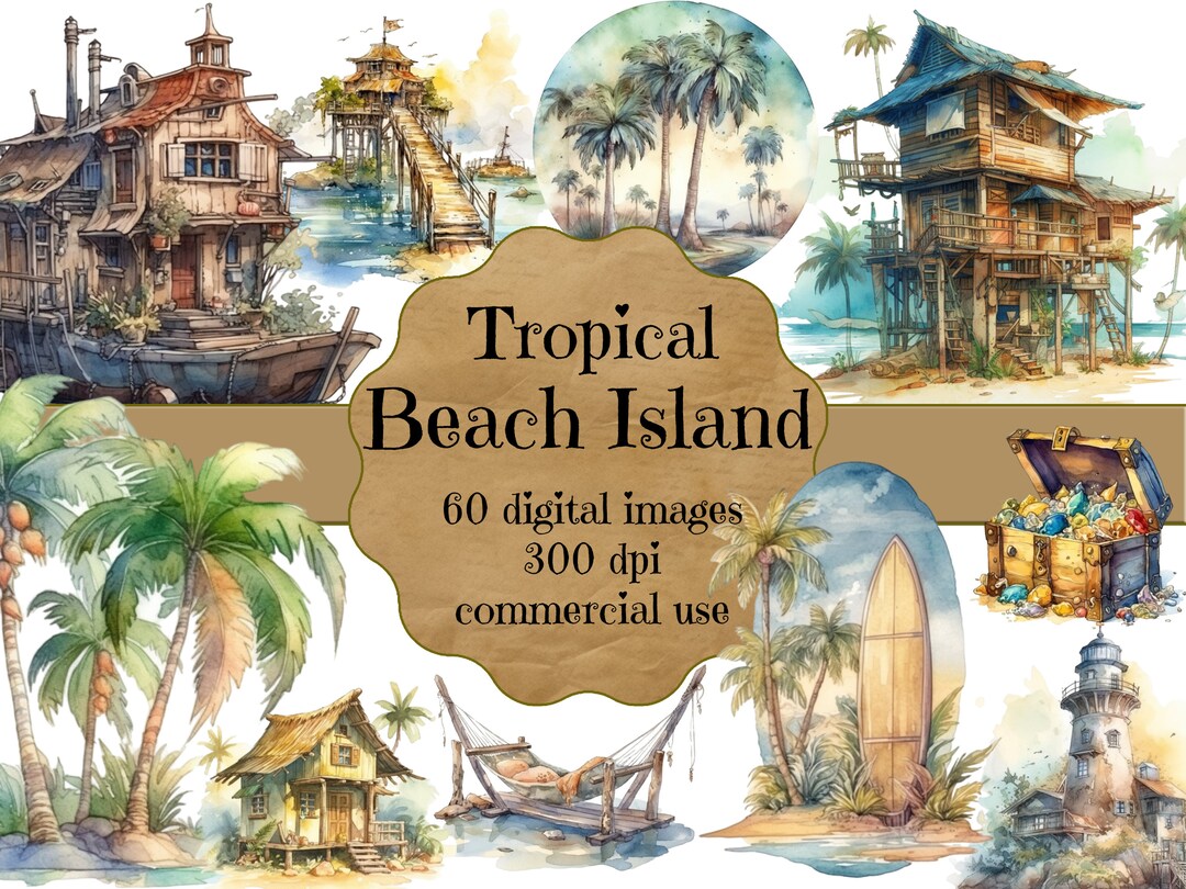 Tropical Fantasy Beach Island, Paradise Getaway Clip Art, Digital ...