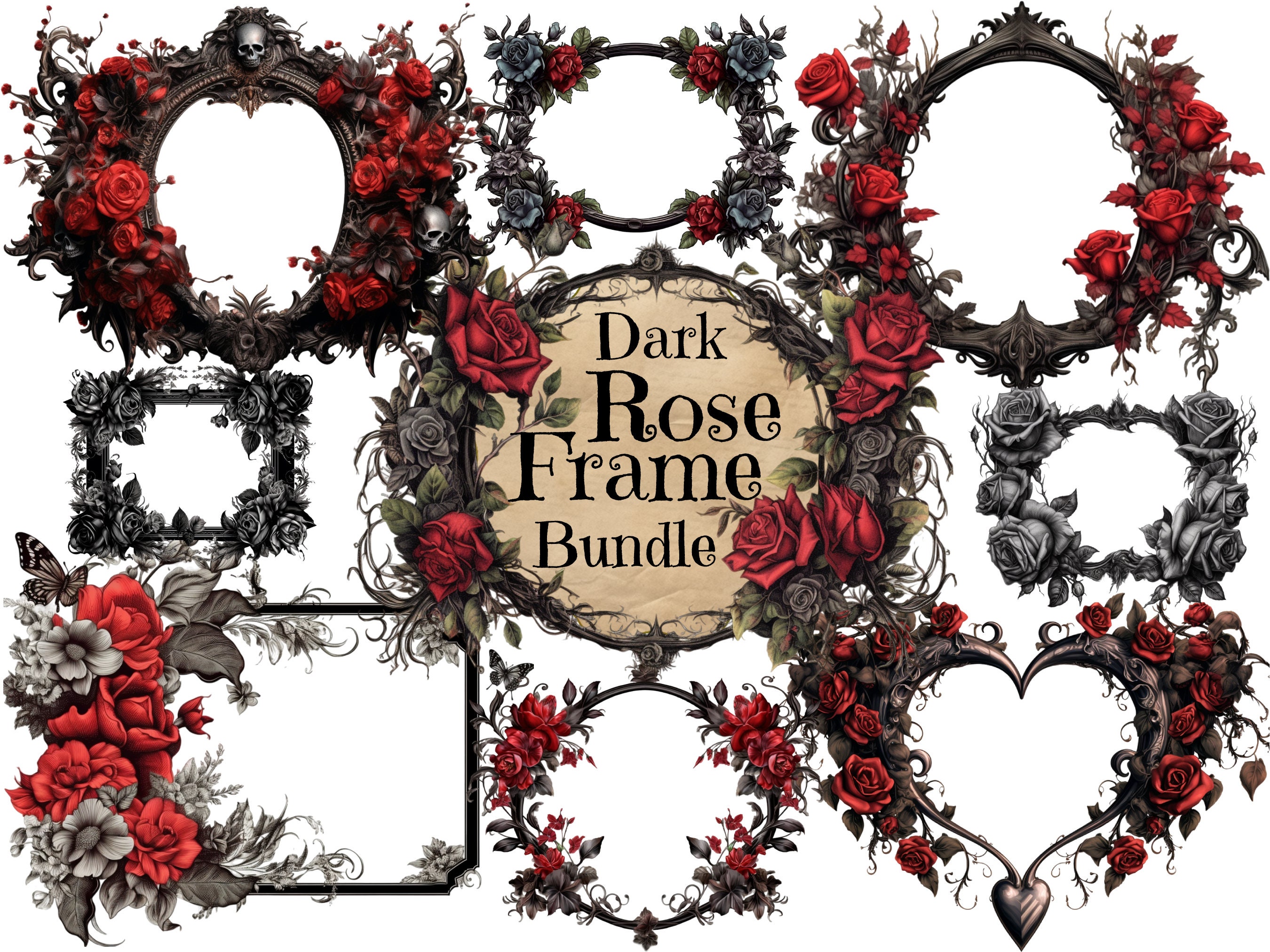 Dark Rose Frames Digital Bundle, Gothic Frame PNG Bundle, Edge Border ...