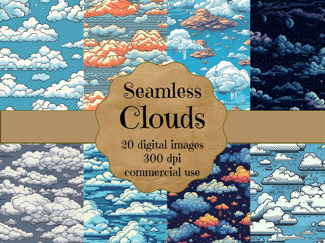 Dreamy Videogame Clouds Digital Paper Bundle, Seamless Vibrant Cloud ...