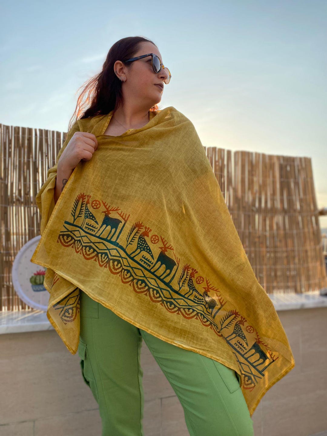 Handmade Yellow Cotton Shawl With Deer Design – Perfect for Any Season ...