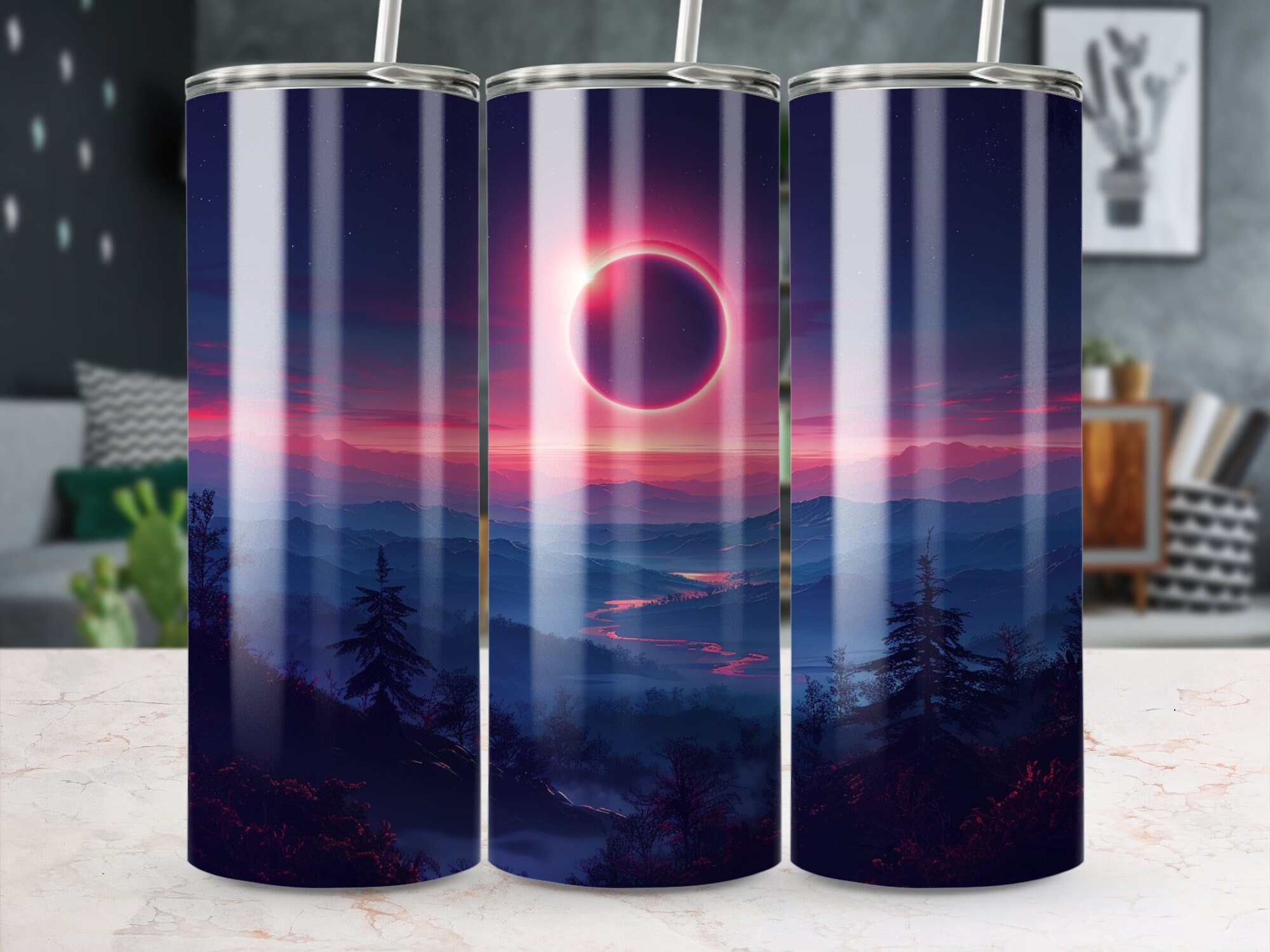 Solar Eclipse Tumbler, Aesthetic Night Sky Travel Mug, Starry Mountain ...