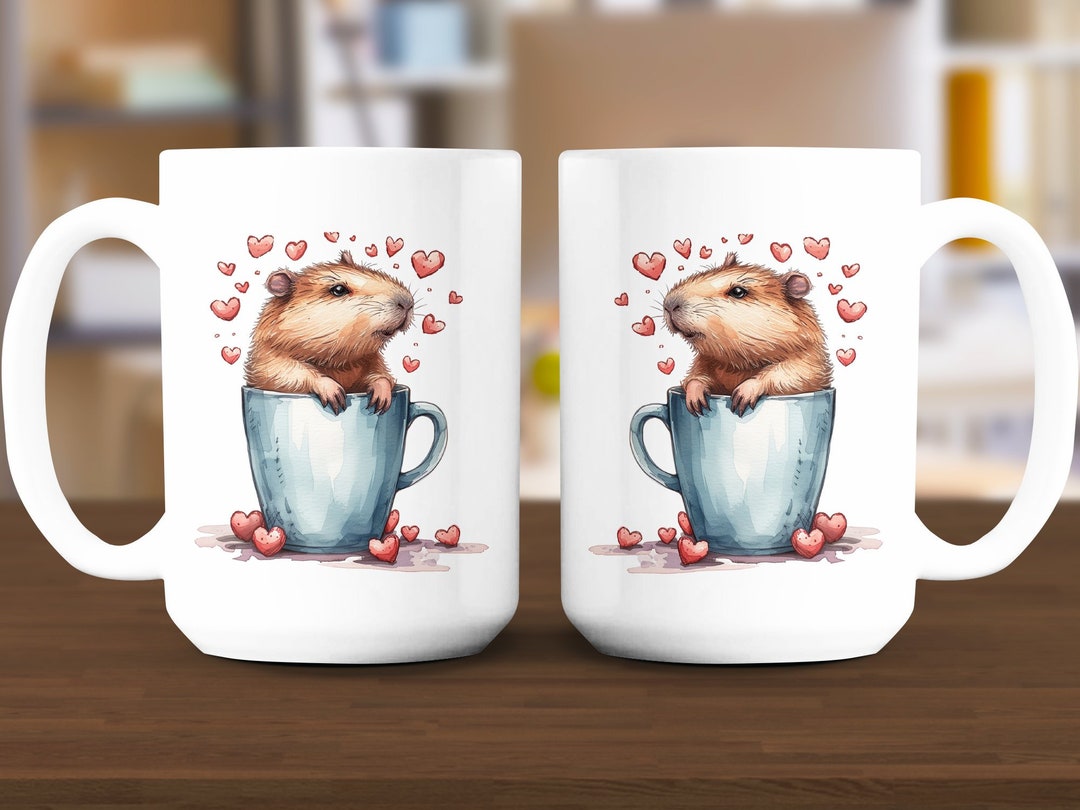 Cute Baby Capybara in Mug Illustration, Love Hearts, Capybara Coffee ...