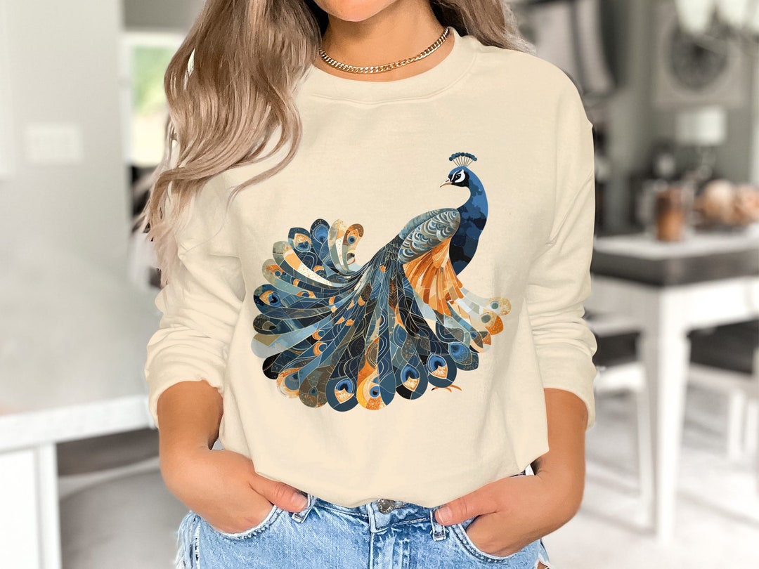 Elegant Peacock Print Sweatshirt, Women's Cozy Pullover, Artistic Bird ...