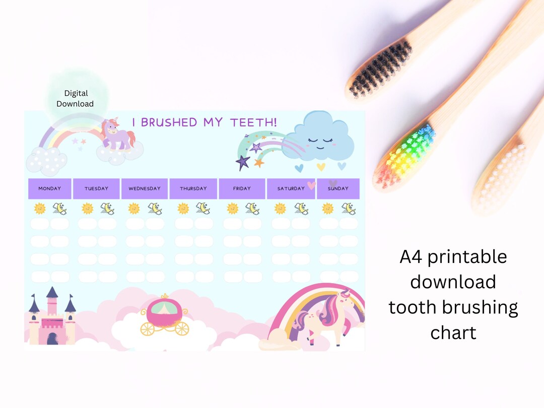 Monthly Kids/toddler Printable Toothbrushing Chart Unicorn Rainbow ...