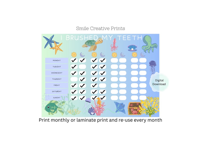 Monthly Kids/toddler Printable Toothbrush Chart Under the Sea Theme ...