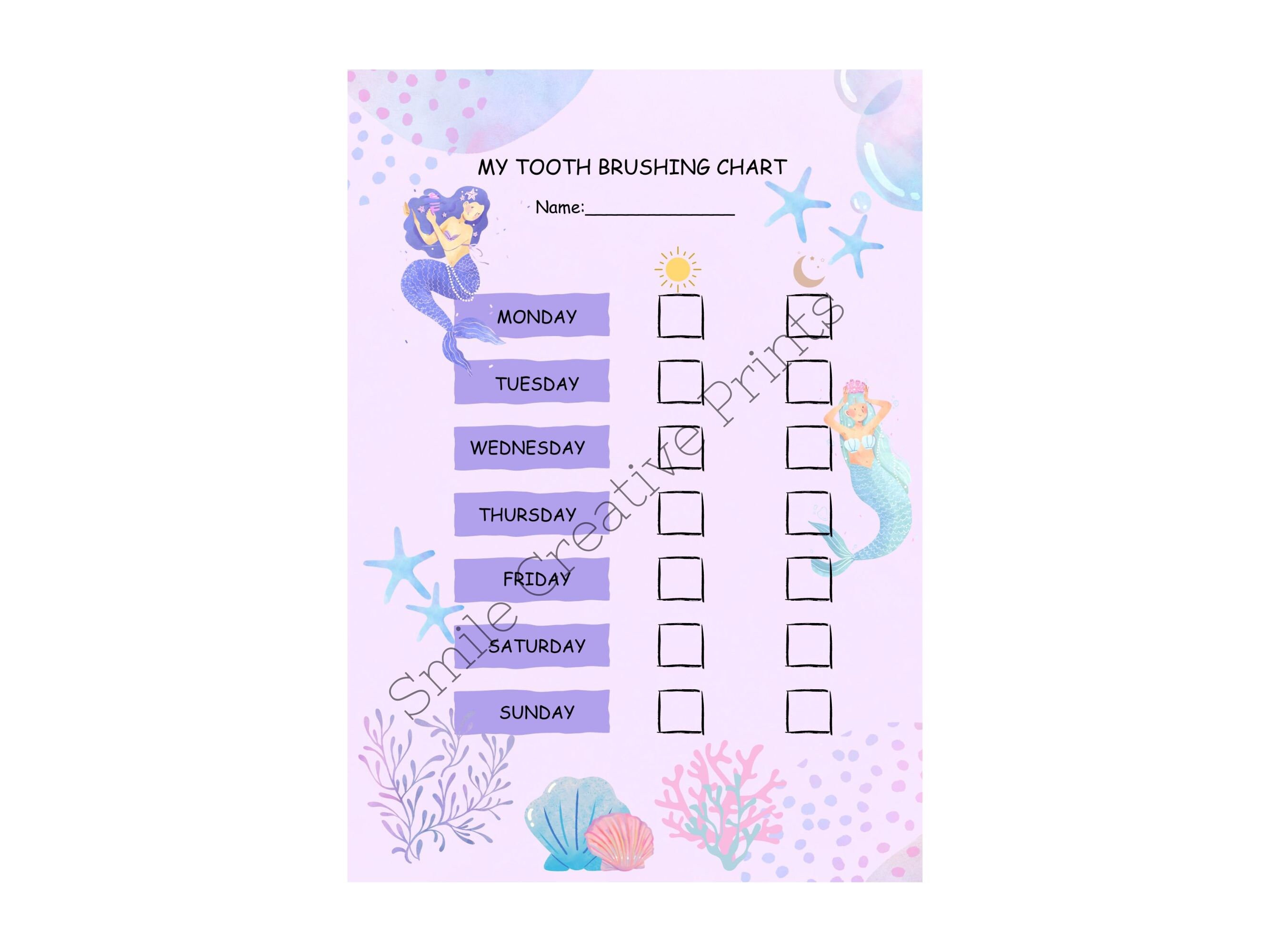 Weekly Kids/toddler Mermaid Printable Toothbrush Chart INSTANT DOWNLOAD ...