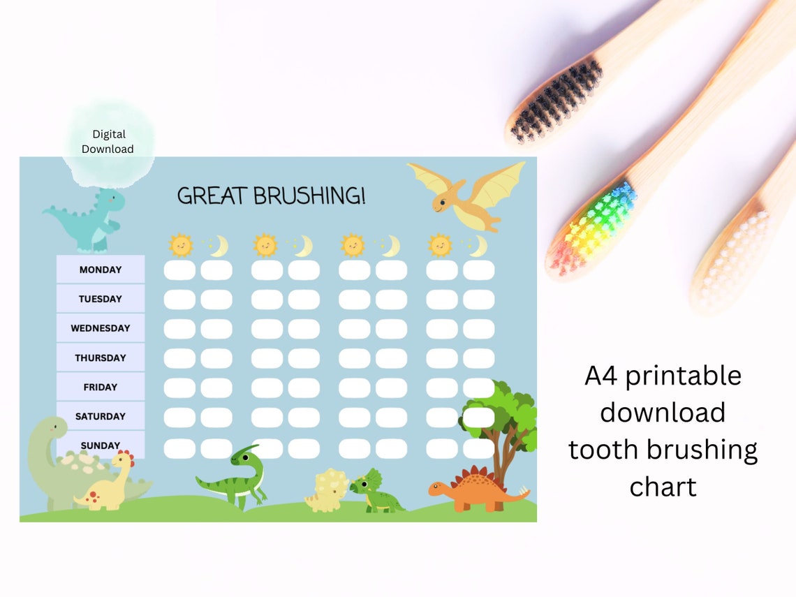 Monthly Kids/toddler Printable Toothbrush Chart Dinosaur Theme INSTANT ...
