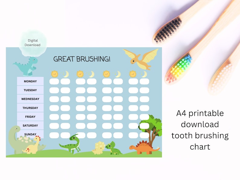 Monthly Kids/toddler Printable Toothbrush Chart Dinosaur Theme INSTANT ...