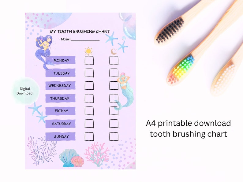 Weekly Kids/toddler Mermaid Printable Toothbrush Chart INSTANT DOWNLOAD ...