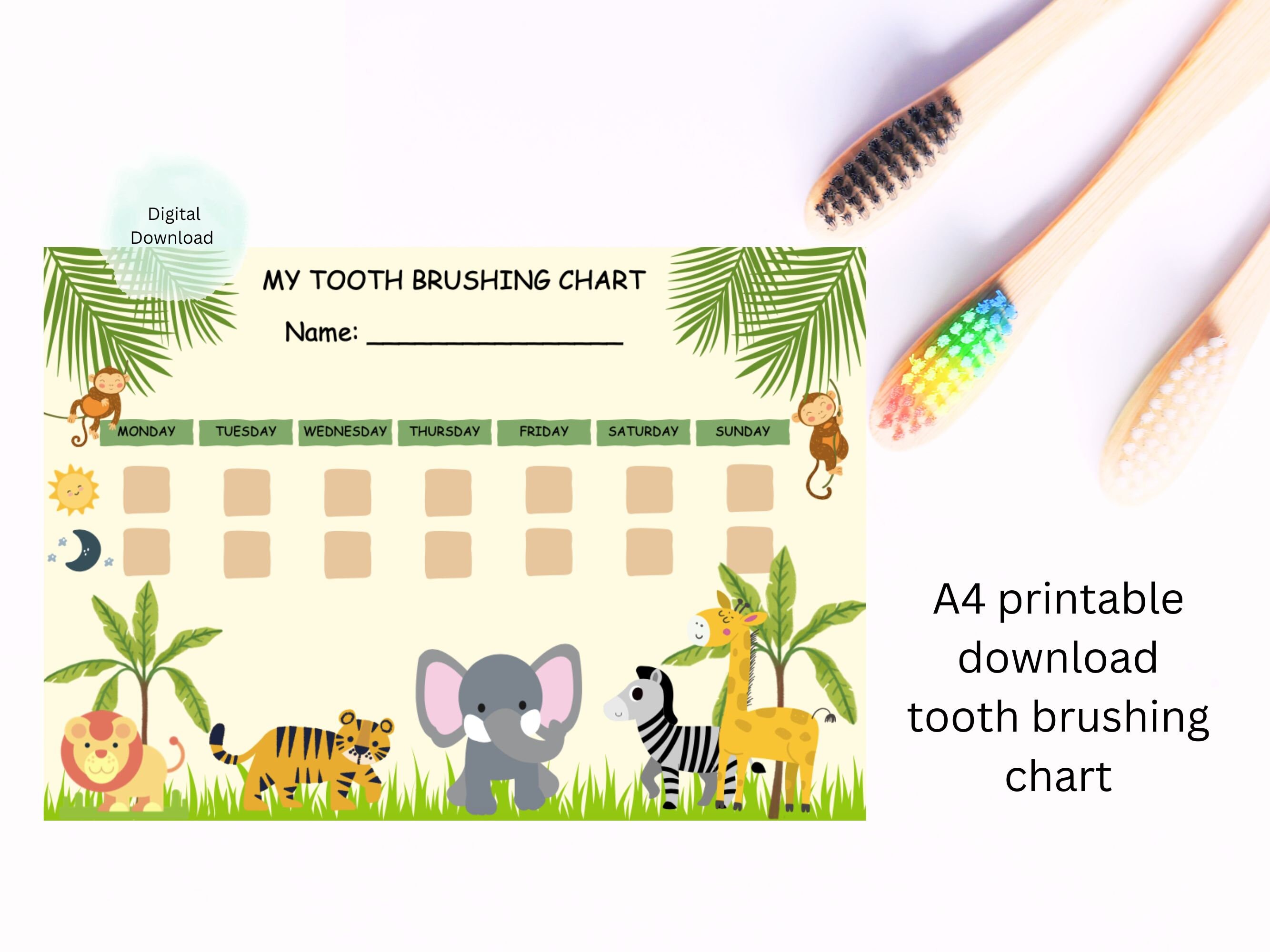 Weekly Kids/toddler Printable Toothbrush Chart Safari Theme INSTANT ...