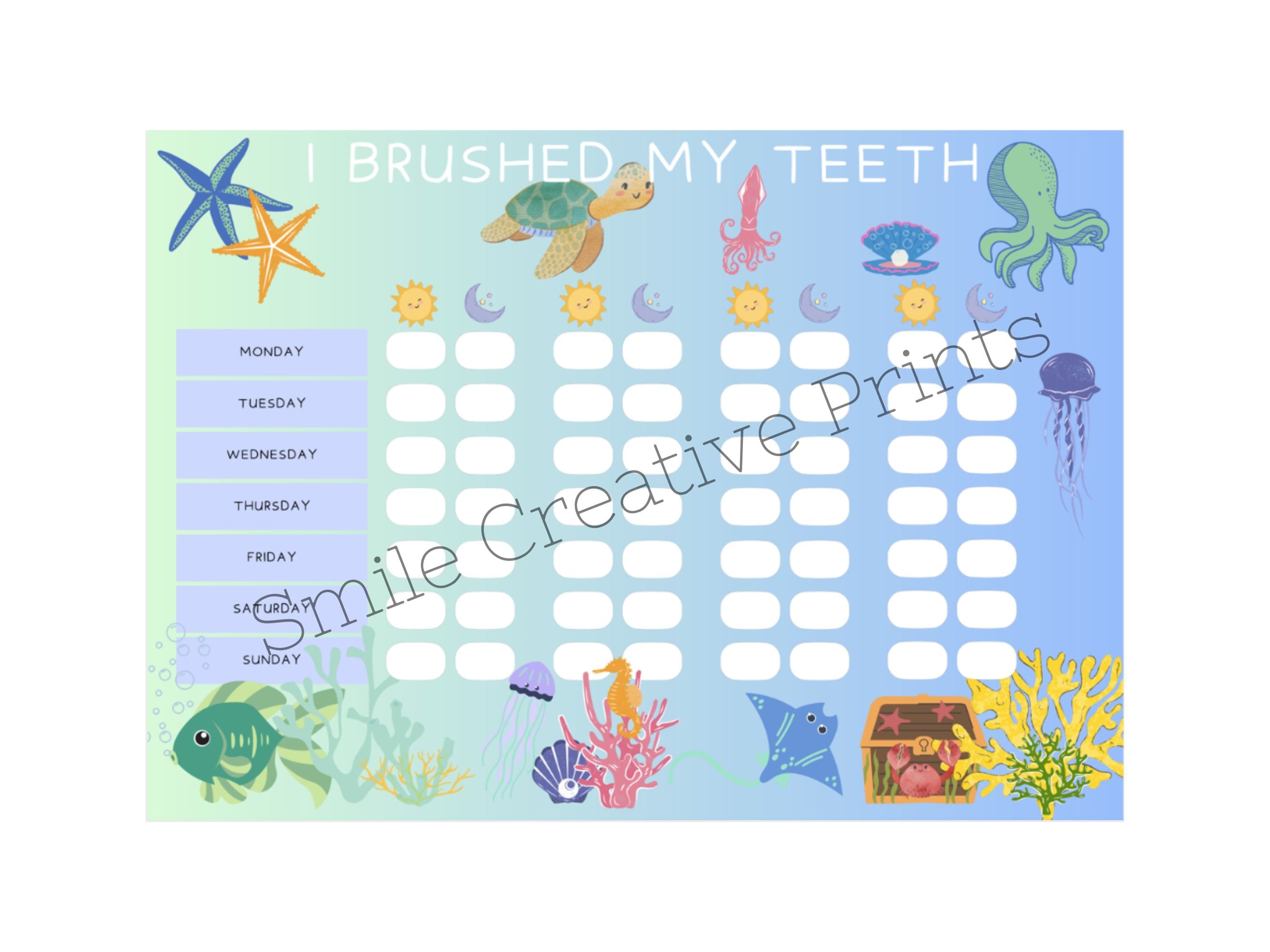 Monthly Kids/toddler Printable Toothbrush Chart Under the Sea Theme ...