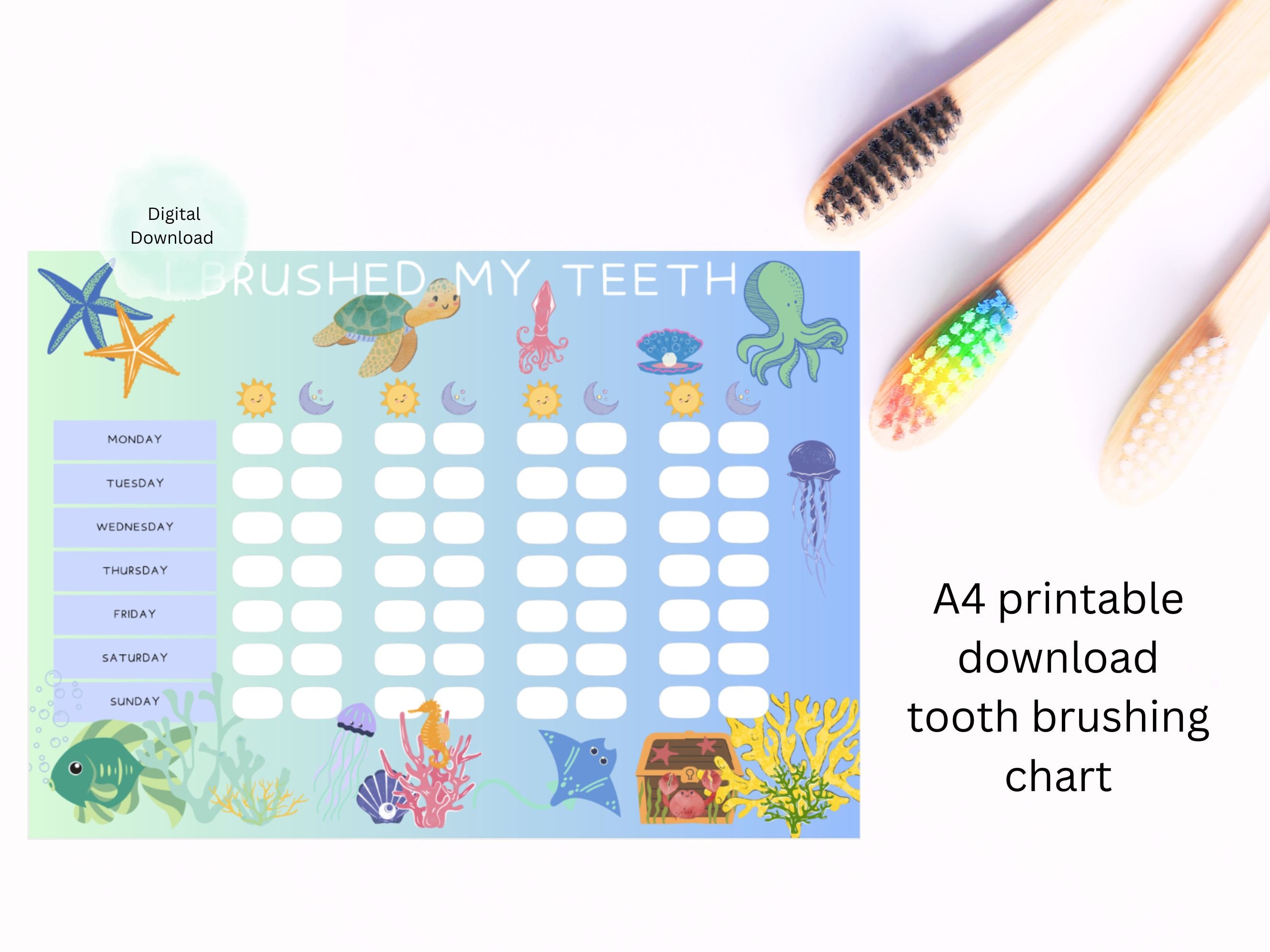 Monthly Kids/toddler Printable Toothbrush Chart Under the Sea Theme ...
