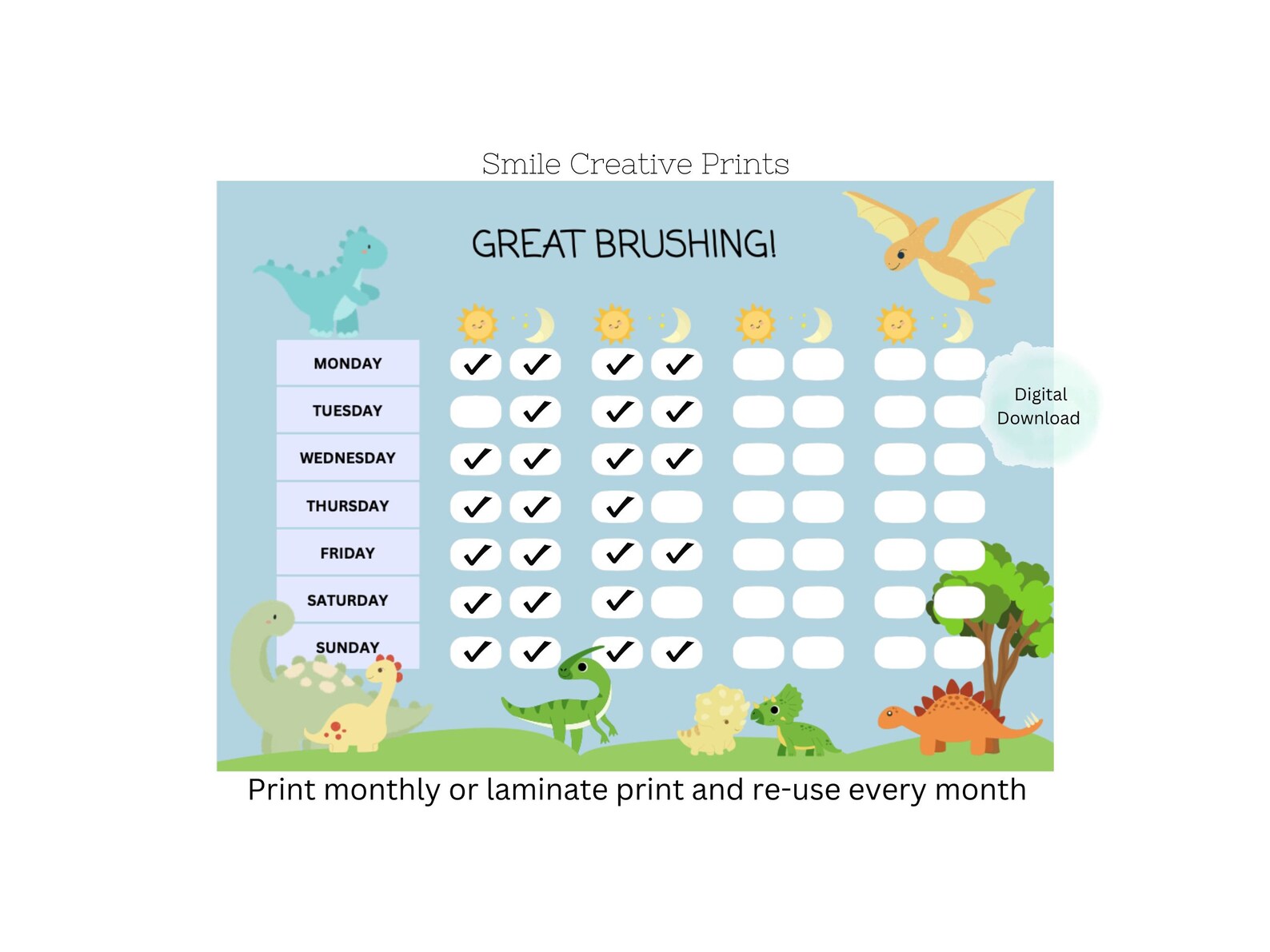 Monthly Kids/toddler Printable Toothbrush Chart Dinosaur Theme INSTANT ...