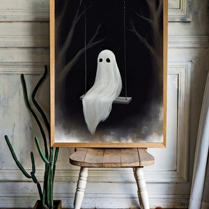 Ghost on the Swing Poster, Sheeted Ghost Art Print, Cute Little Ghost ...