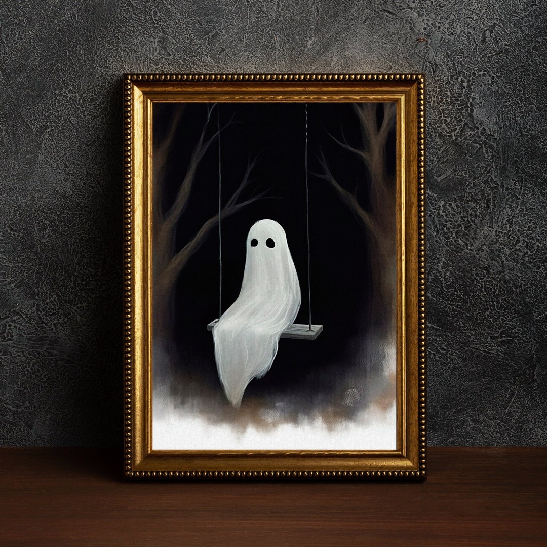Ghost on the Swing Poster, Sheeted Ghost Art Print, Cute Little Ghost ...