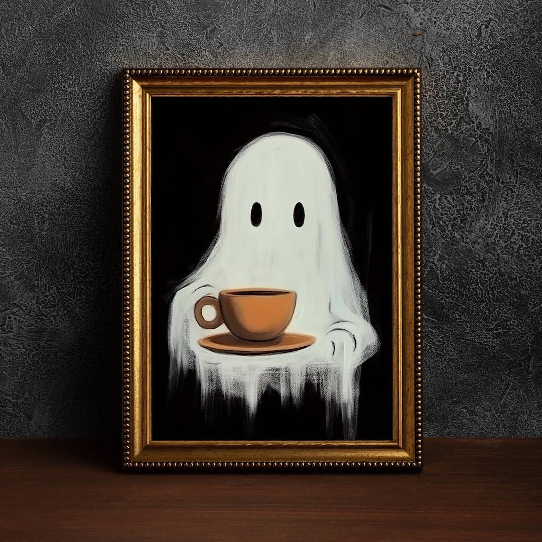 Ghost Drinking Coffee Poster,sheeted Ghost Art Print, Cute Little Ghost ...
