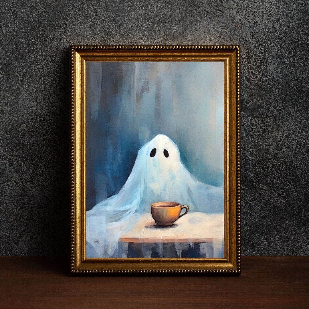 Ghost Drinking Coffee Poster,sheeted Ghost Art Print, Cute Little Ghost ...