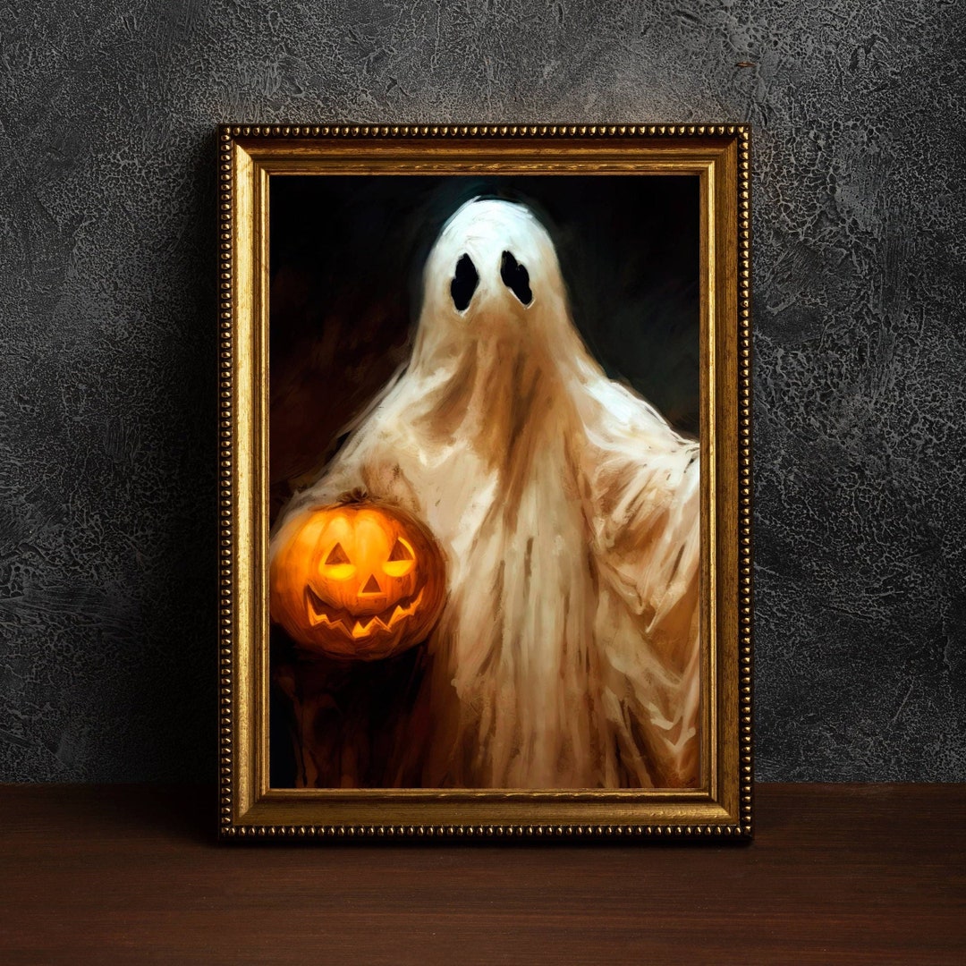 Ghost and Pumpkin Poster, Sheeted Ghost Art Print, Cute Little Ghost ... Ghost and Pumpkin Poster, Sheeted Ghost Art Print, Cute Little Ghost ...