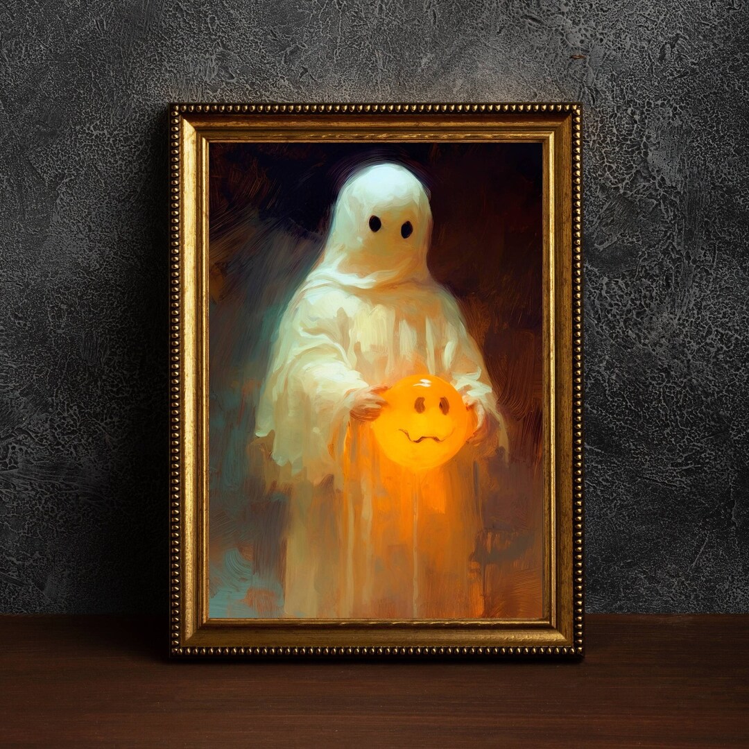 Ghost Holding Balloon Poster, Sheeted Ghost Art Print, Cute Little ...