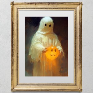 Ghost Holding Balloon Poster, Sheeted Ghost Art Print, Cute Little ...