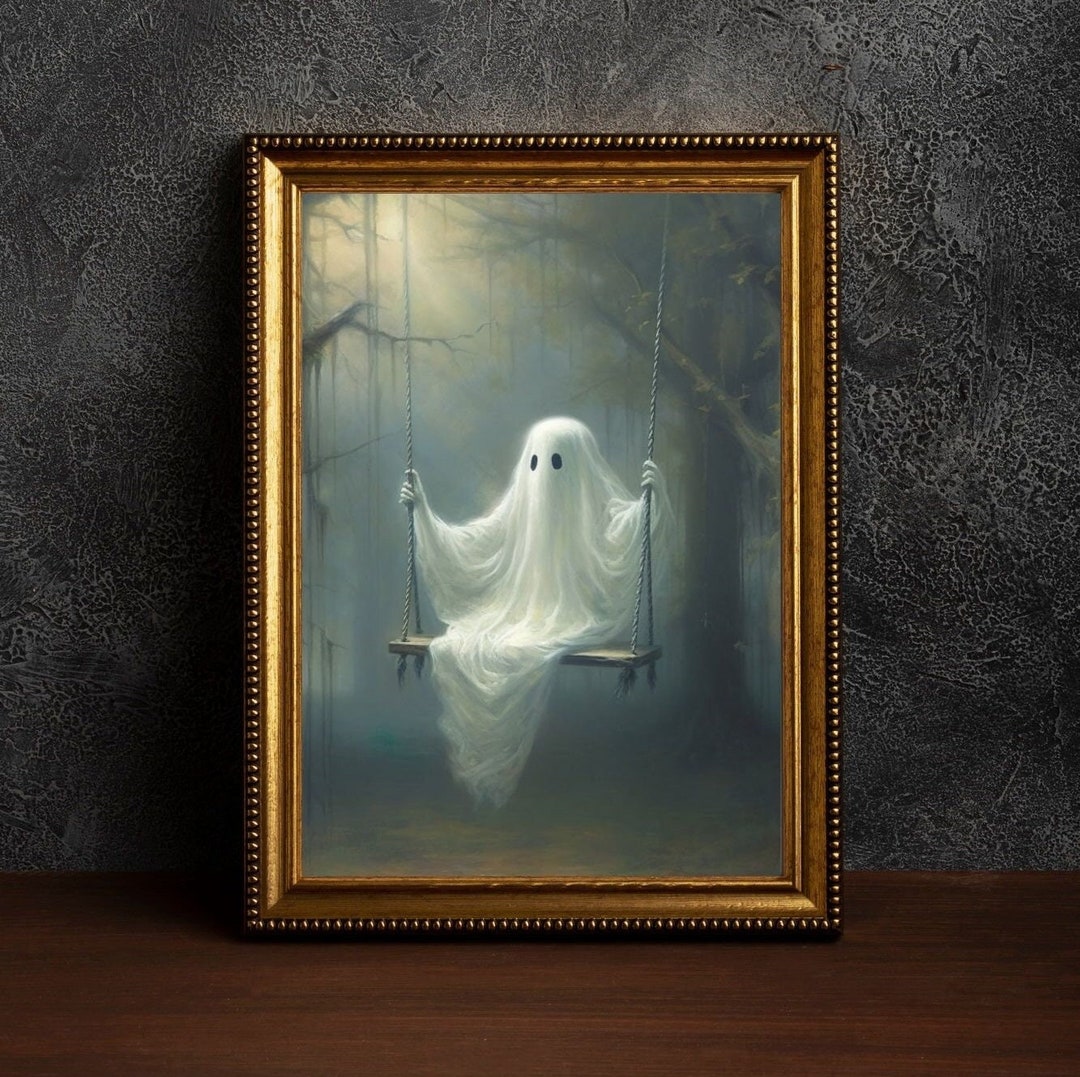 Ghost on the Swing Poster, Sheeted Ghost Art Print, Cute Little Ghost ...