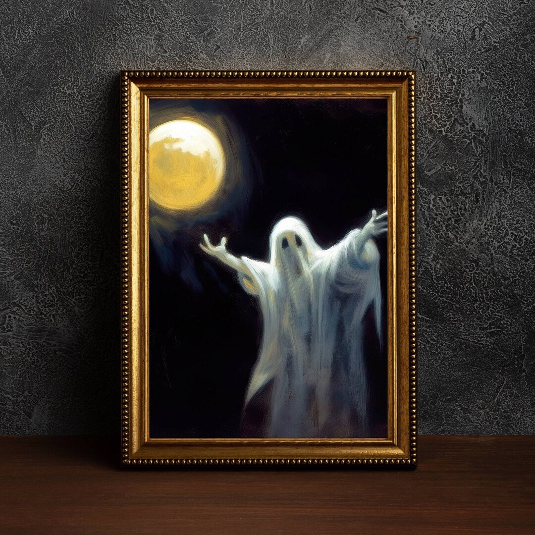 Ghost and Moon Poster, Sheeted Ghost Art Print, Cute Little Ghost Face ...