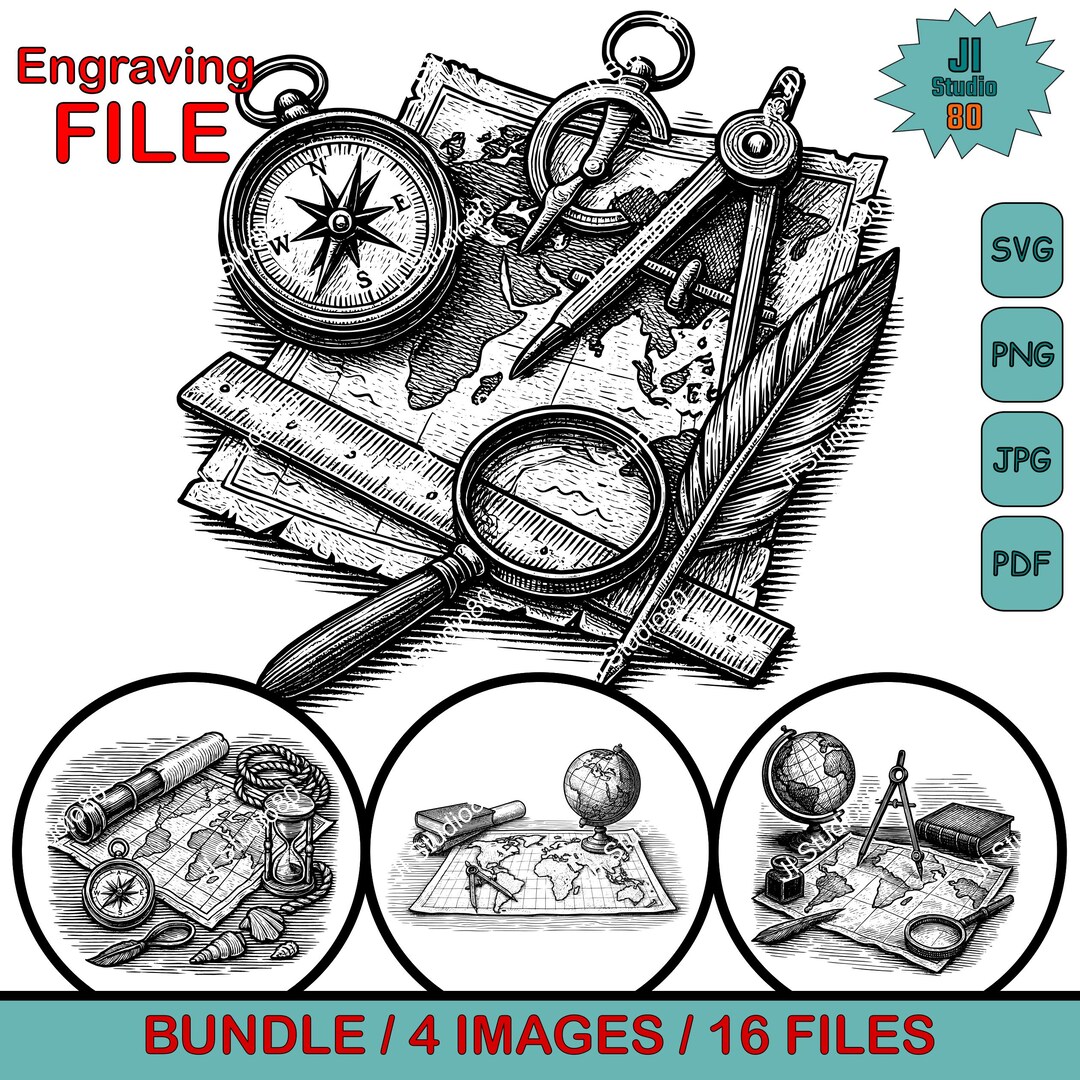 Vintage Cartography Illustrations Bundle | Antique Map & Navigation ...