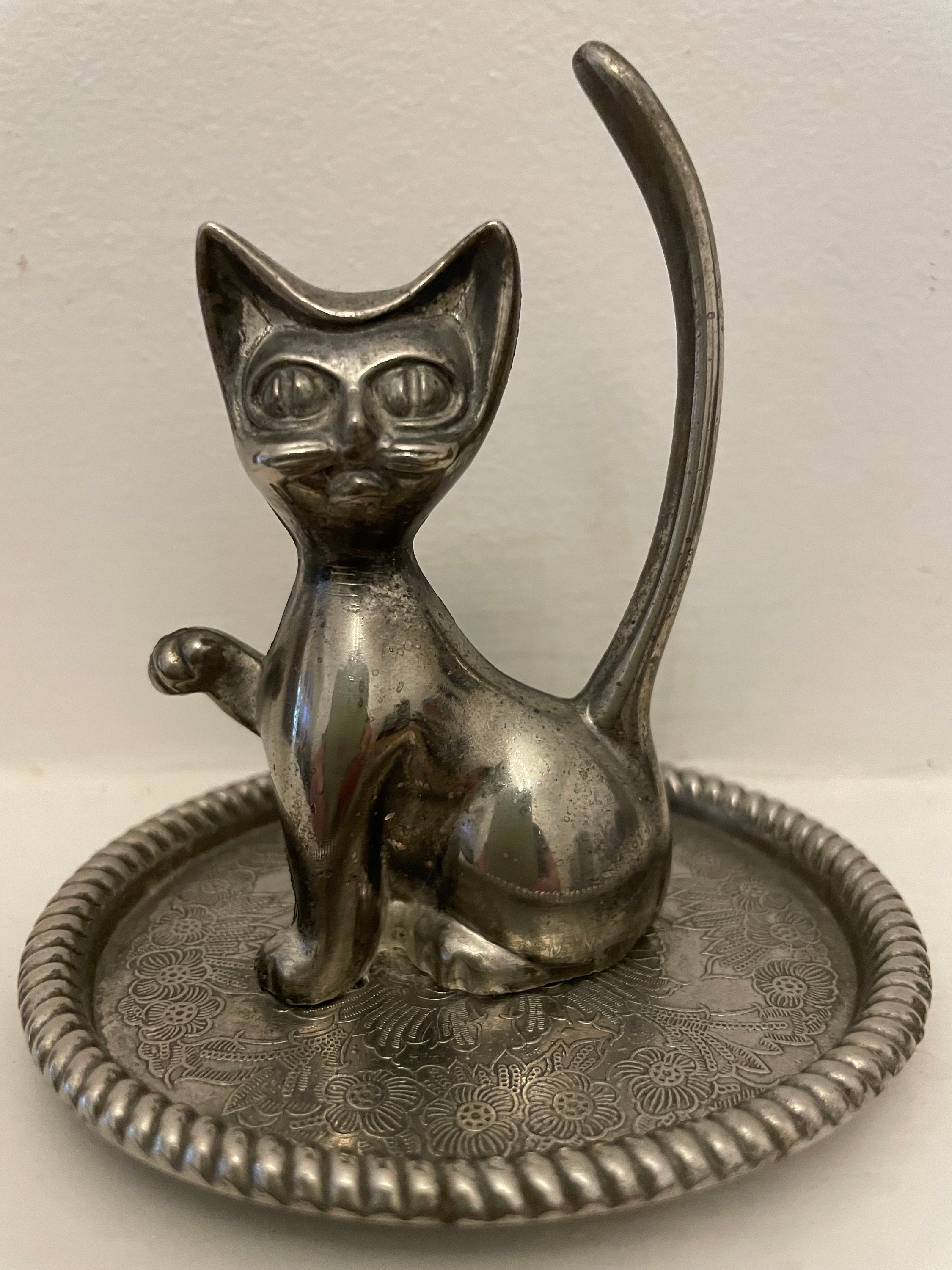 CAT Silver Plated Ring / Trinket Dish. Vintage Ring Dish. Made in Hong ...