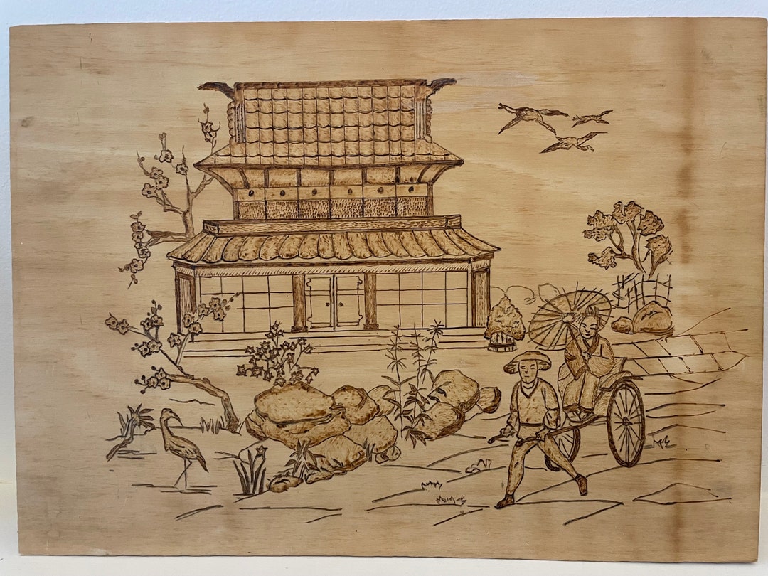 JAPANESE TRADITIONAL Scene PYROGRAPHY on Ply. Rickshaw, Cranes ...